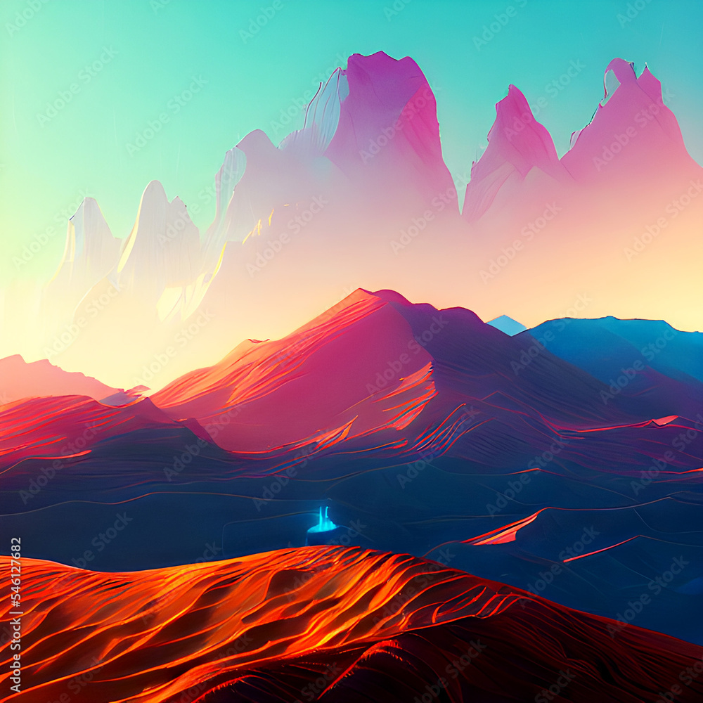 Blue Oasis in a Desolate Desert Hills - Retrofuturism Synthwave Art ...