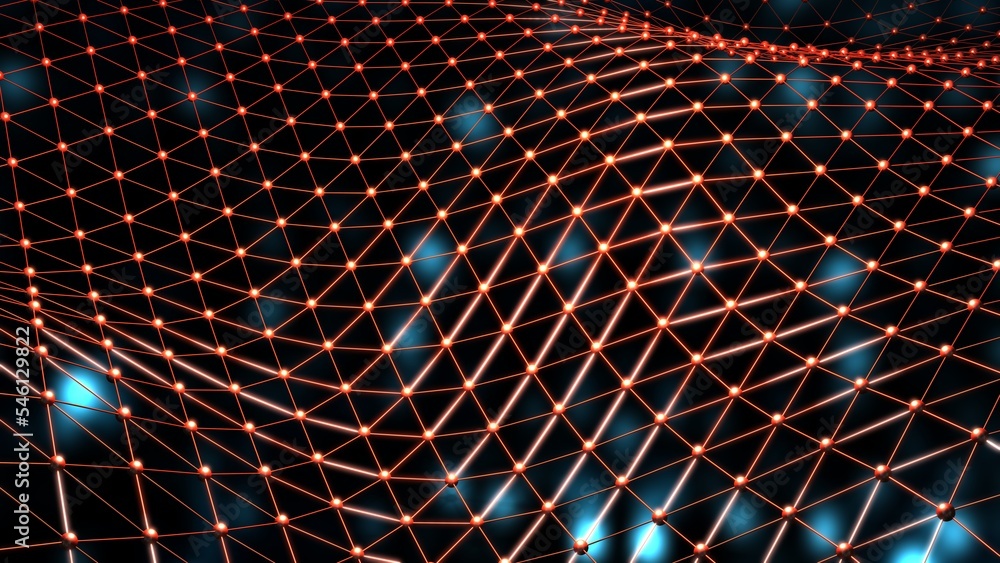 Red atom structure on aero space background under spot light ...