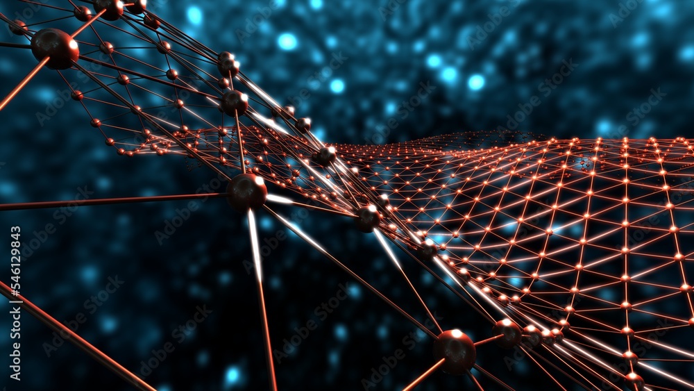Red atom structure on aero space background under spot light ...