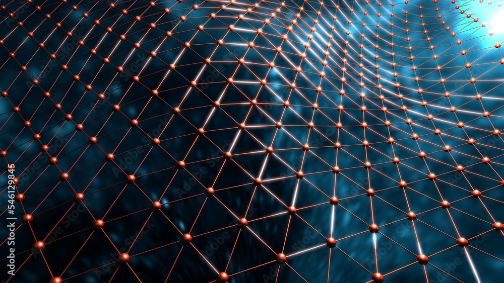 Red atom structure on aero space background under spot light ...