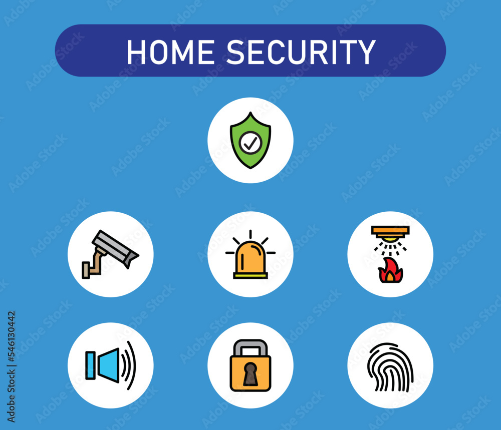 Home security system, icon set, with burglar alarms, home surveillance ...