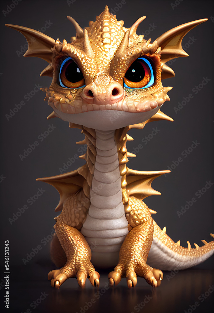 Adorable Baby Gold Dragon in the Style of 3D Animation. Digital Oil ...