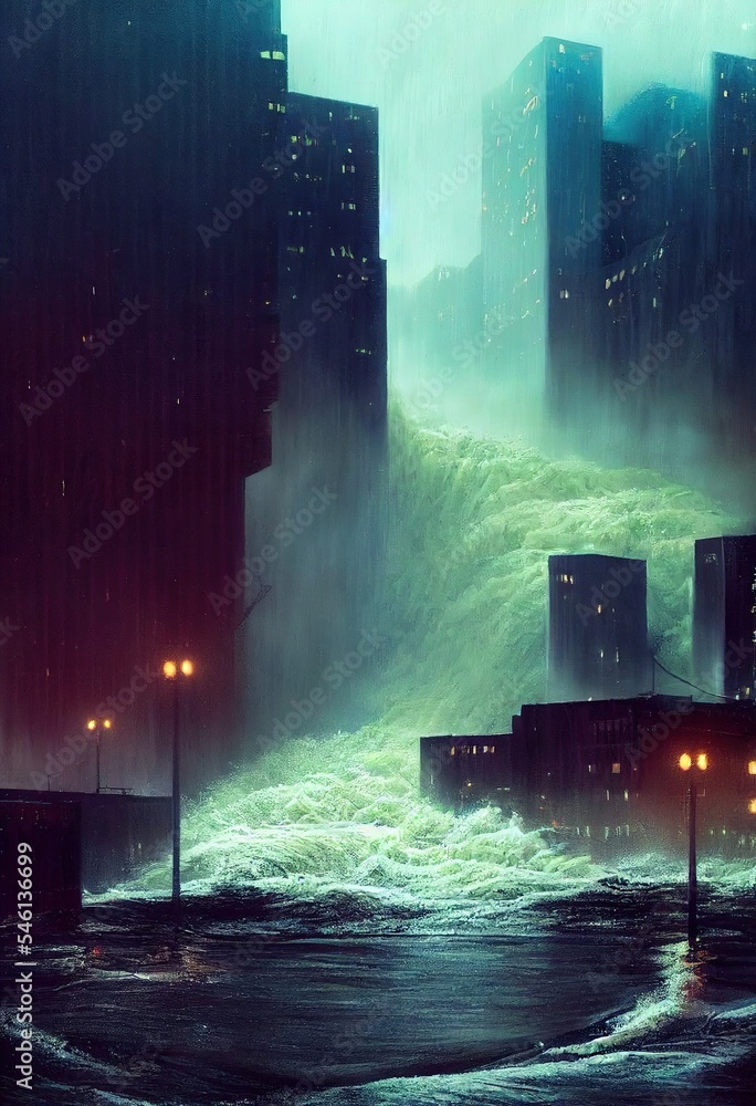 A giant tsunami and flooding. Flooding in a city with modern ...