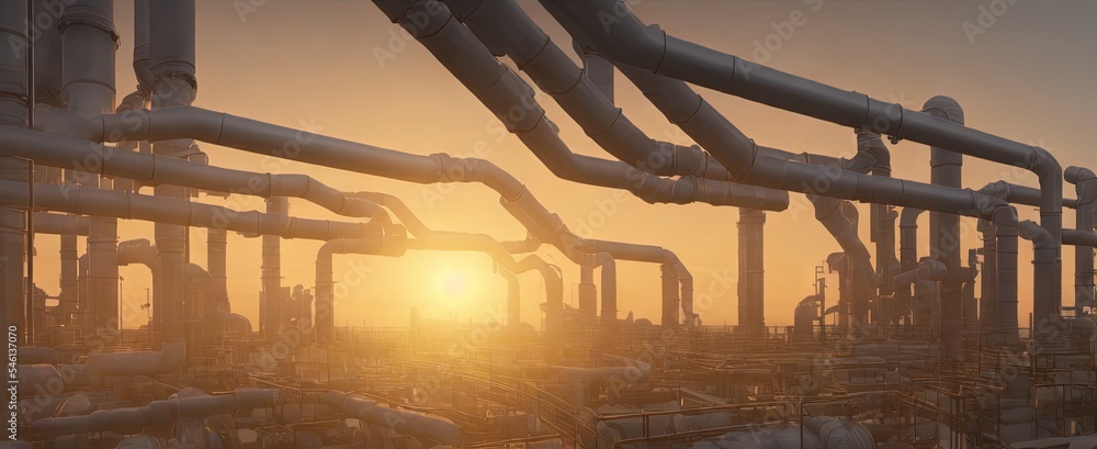 Large industrial gas pipelines in a modern refinery at sunrise 3d ...