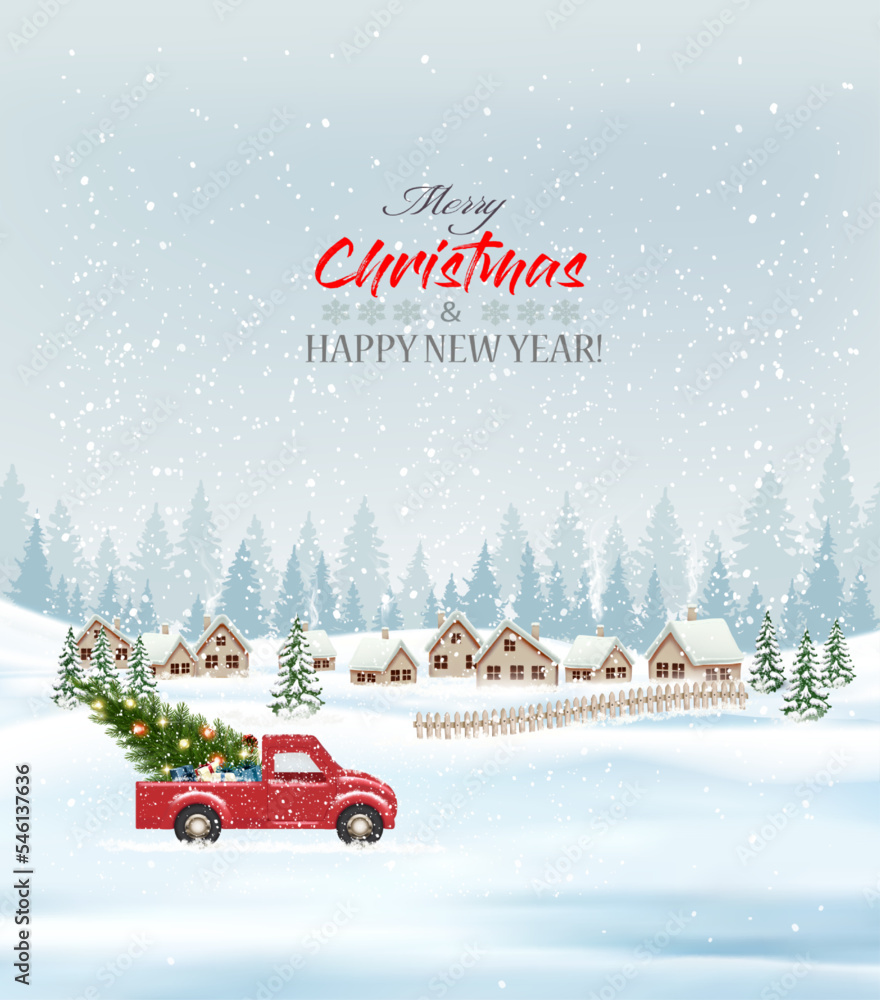 Festive Christmas background with a winter village, snow-covered fir ...
