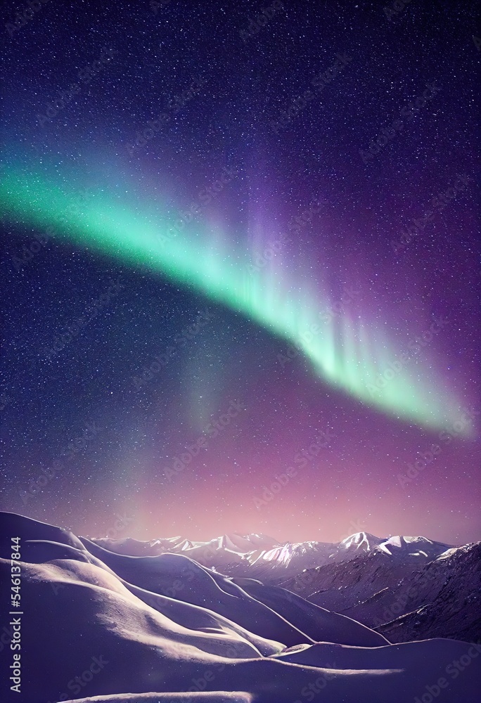 Northern Lights over the snowy mountains. Beautiful northern lights. 3D ...