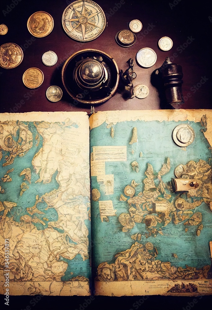 An ancient pirate map in the cabin of a pirate ship. Image of an ...