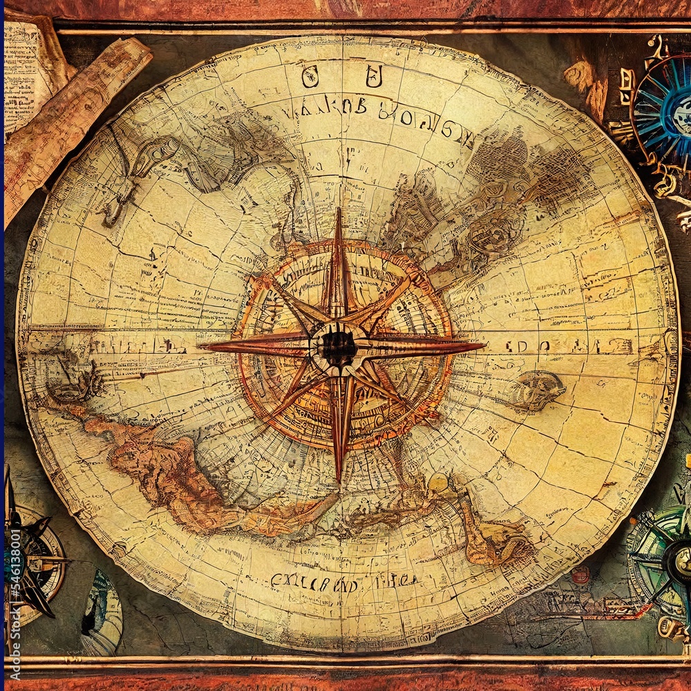 An ancient pirate map in the cabin of a pirate ship. Image of an ...