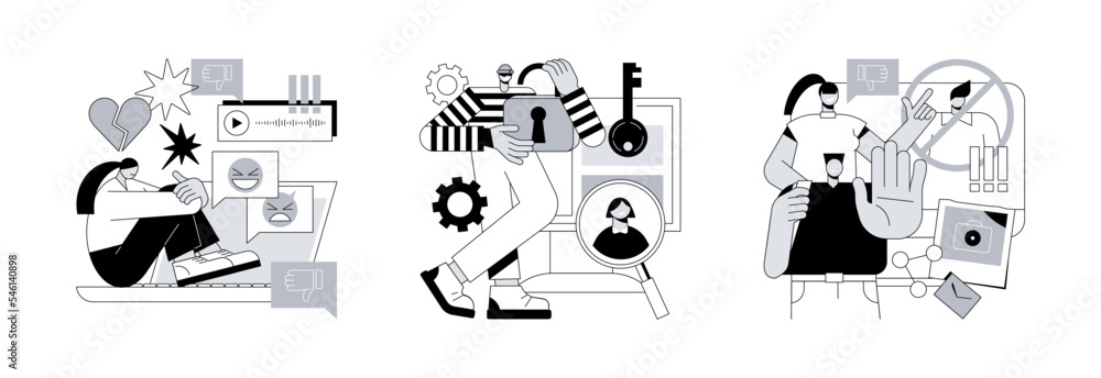 Internet harassment abstract concept vector illustration set ...