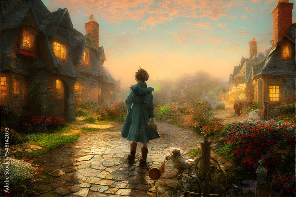 Traveler Visiting a Magically Lit Historical Town. Digital Oil Painting ...