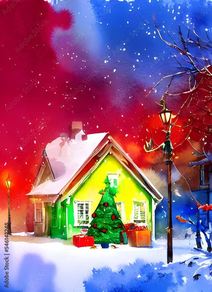 The house is adorned with garlands and lights. A giant wreath hangs on ...