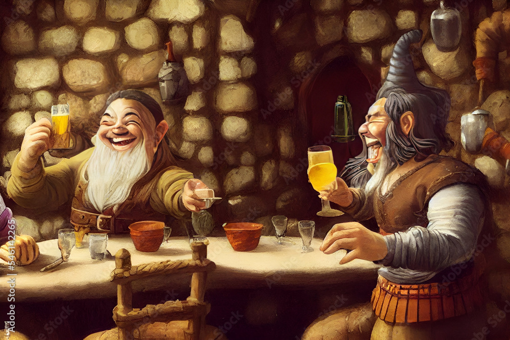 Digital Oil Painting. Gnomes or Dwarves Eating and Drinking in a Pub ...