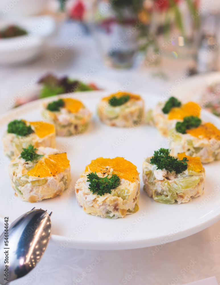 Catering table, beautifully decorated banquet with variety selection of ...