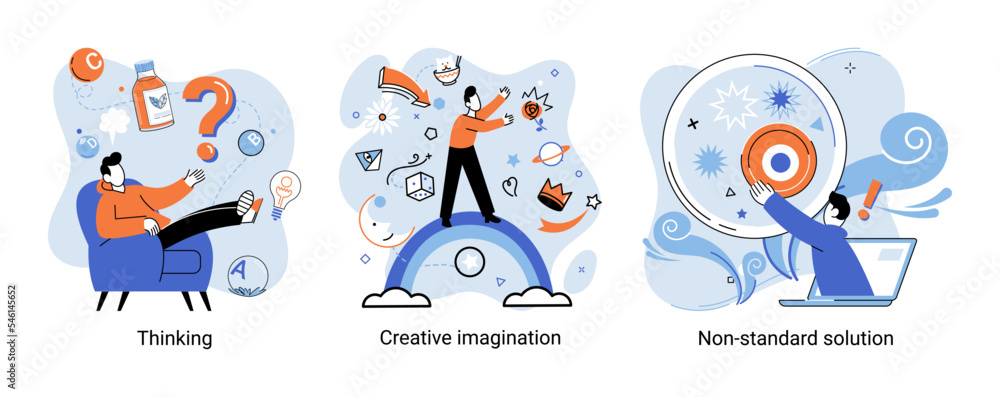 Creative thinking. People with different mental mindset types or model ...