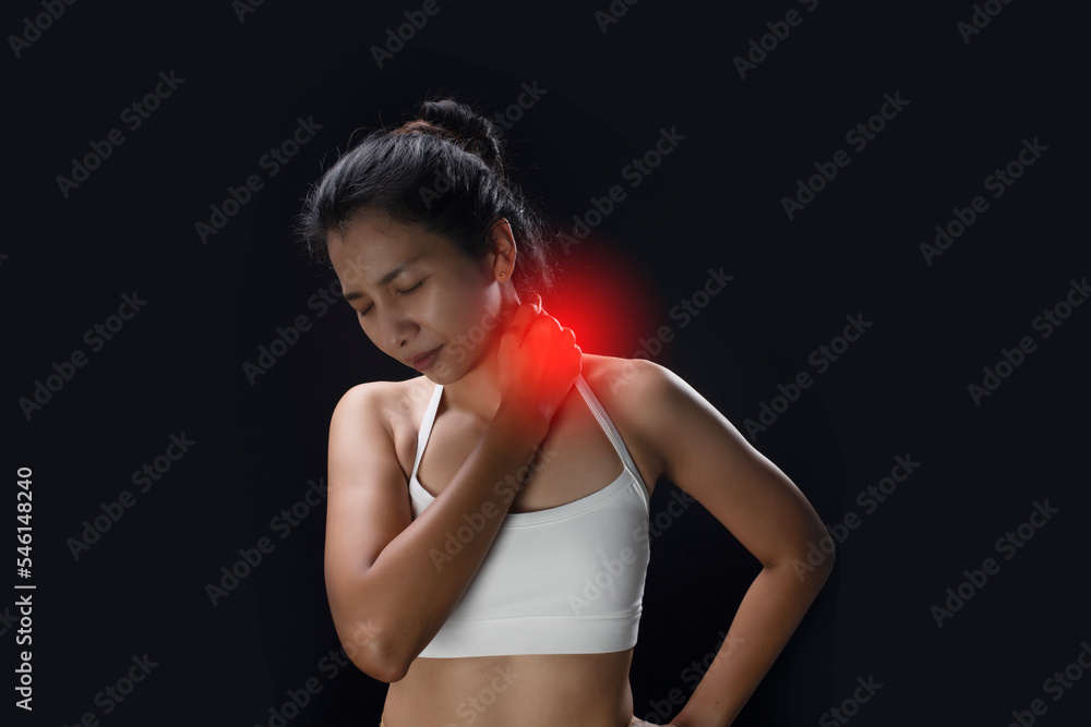 Neck pain during training. Athlete running woman runner with sport ...
