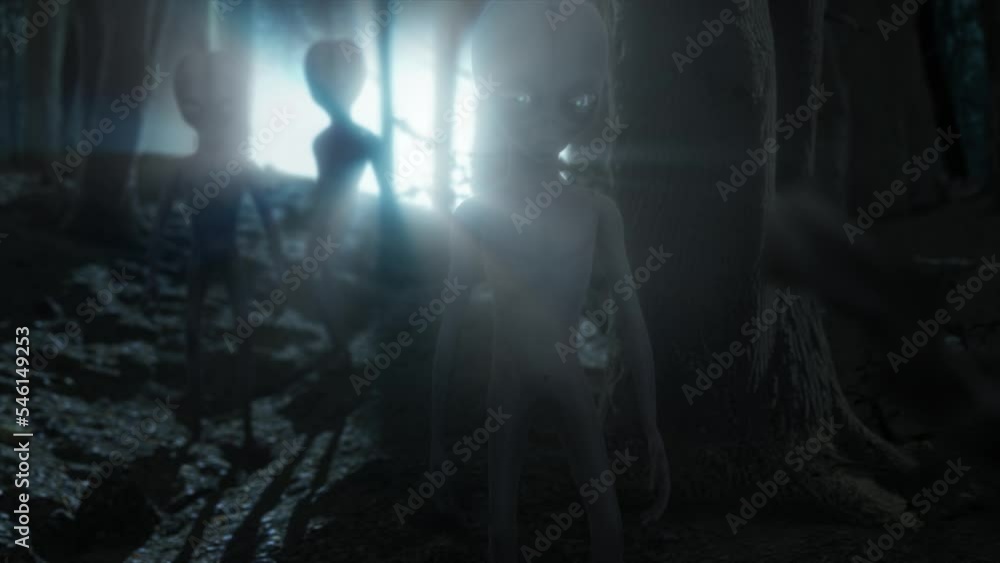 Stunning 3D CGI mid shot of classic Roswell style grey aliens standing ...