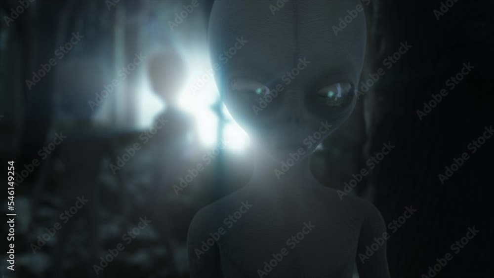 Chilling 3D CGI close-up of classic Roswell style grey aliens standing ...