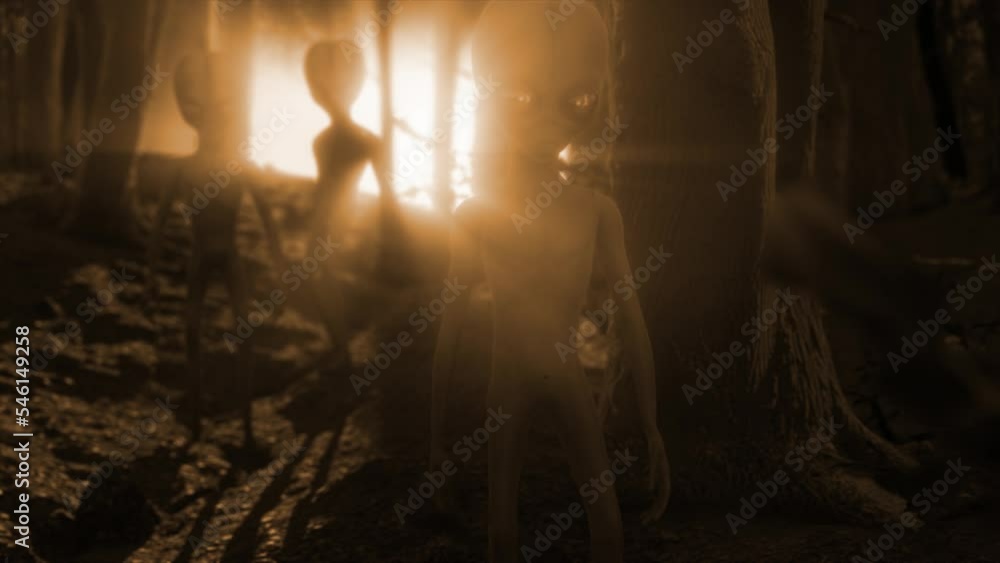 Stunning 3D CGI mid shot of classic Roswell style grey aliens standing ...