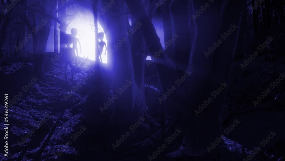 3D CGI long shot reveal of classic Roswell style grey aliens standing ...