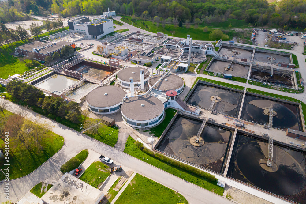 Aerial view of waste water treatment plant. Drinking tap water ...