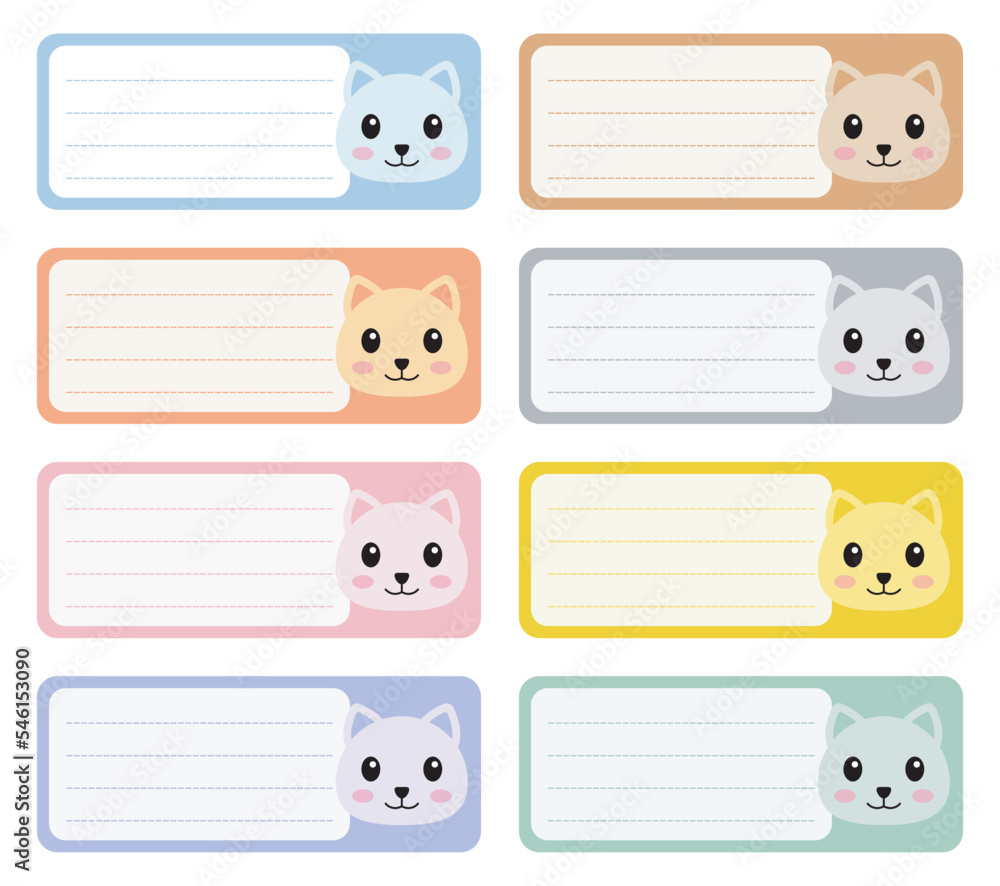 Cute cat face back to school notebook labels sticker set Stock Vector ...