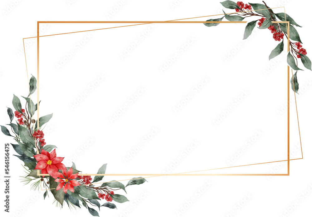 Christmas Leaf Flowers Watercolor Geometric Gold Frame Stock ... Christmas Leaf Flowers Watercolor Geometric Gold Frame Stock ...
