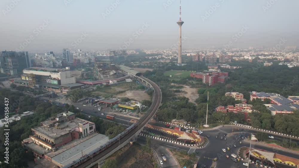 Drone footage of Delhi metro train and pitampura tower at netaji ...