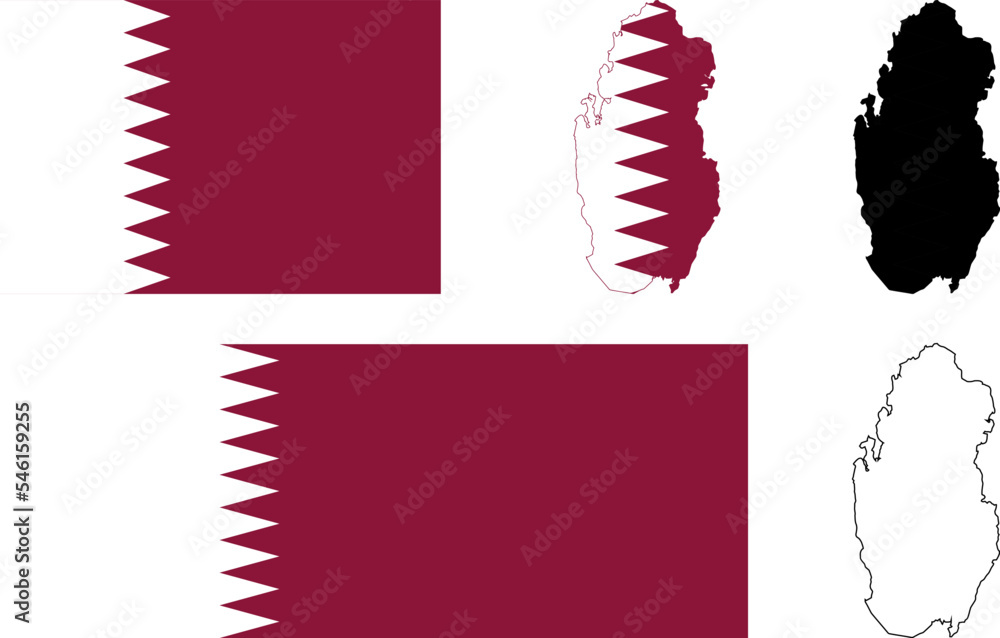 Qatar flag map national icon, country black silhouette outline logo set ...