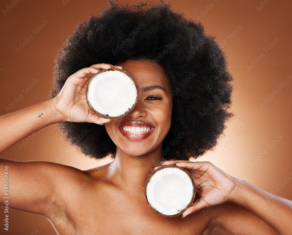 Coconut, studio and black woman natural face, skincare and hair ...