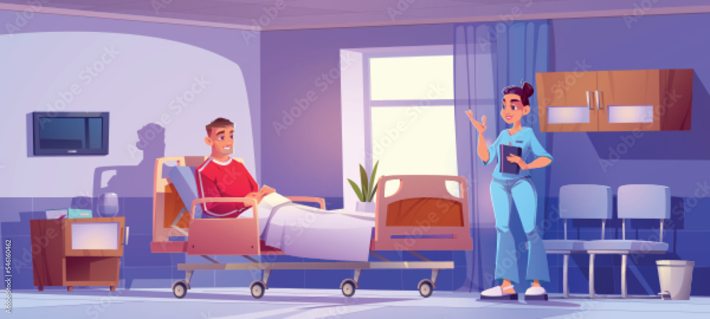 Hospital ward with patient on adjustable bed and woman doctor. Clinic ...