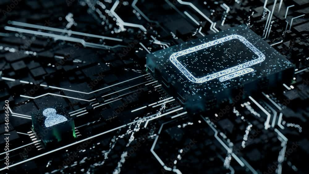 Display Technology Concept with Monitor symbol on a Microchip. White ...