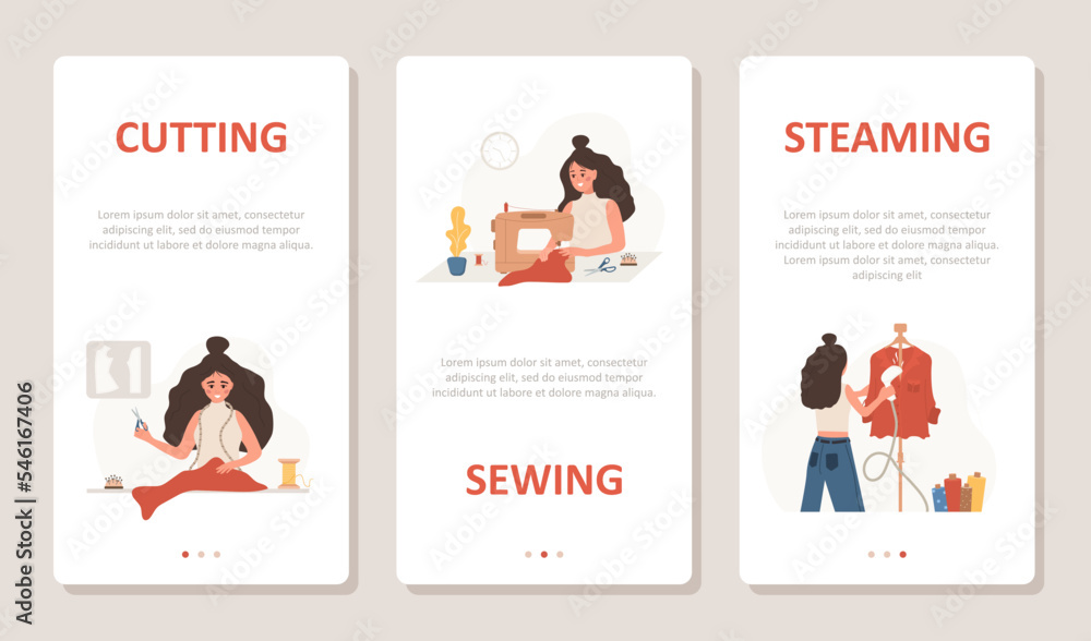 Sewing concept. Woman seamstress sews, cuts and streams clothes. Set of ...