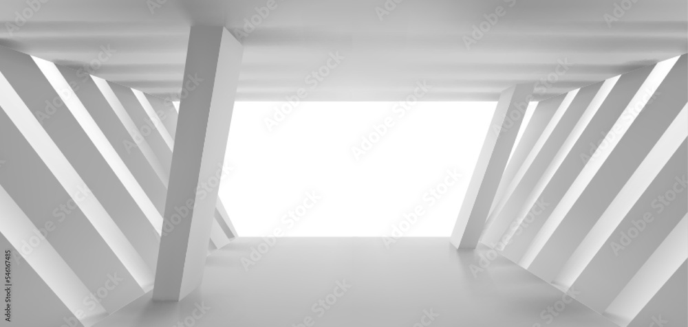 Empty corridor, hall with inclined white walls and columns. Modern ...