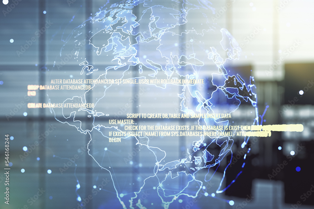 Abstract virtual coding concept and world map hologram on a modern ...