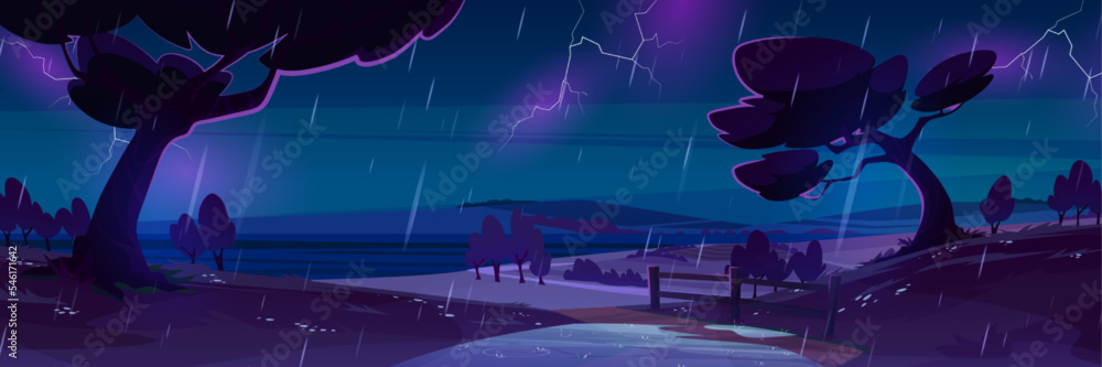 Night rain at countryside cartoon landscape, storm with lightning ...