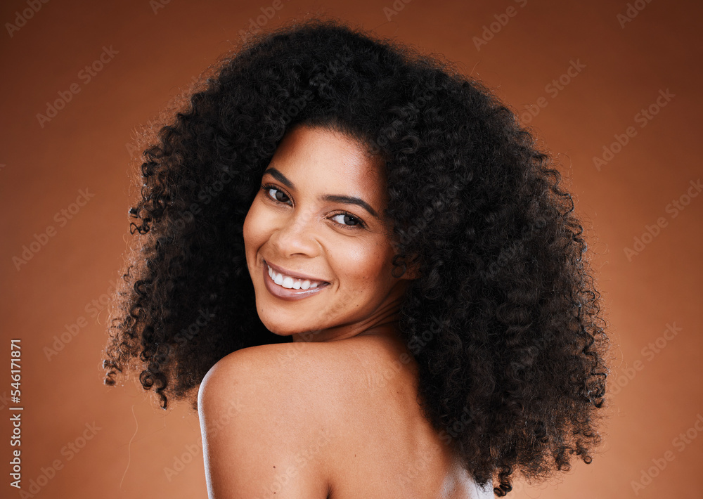 Curly hair, black woman and natural skincare, portrait and beauty for ...