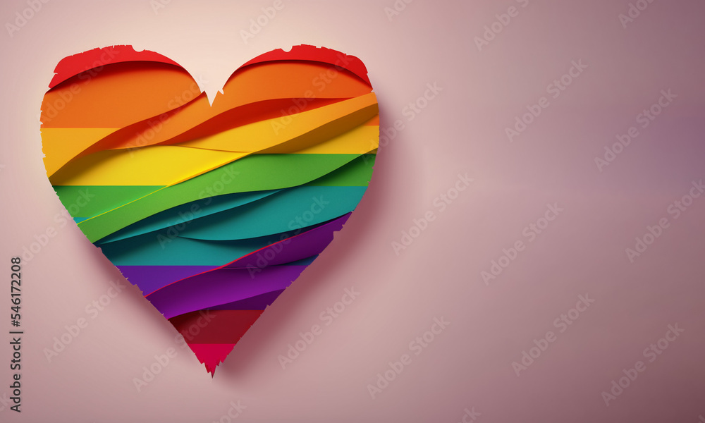 Heart made of rainbow paper placed on pink and purple background ...