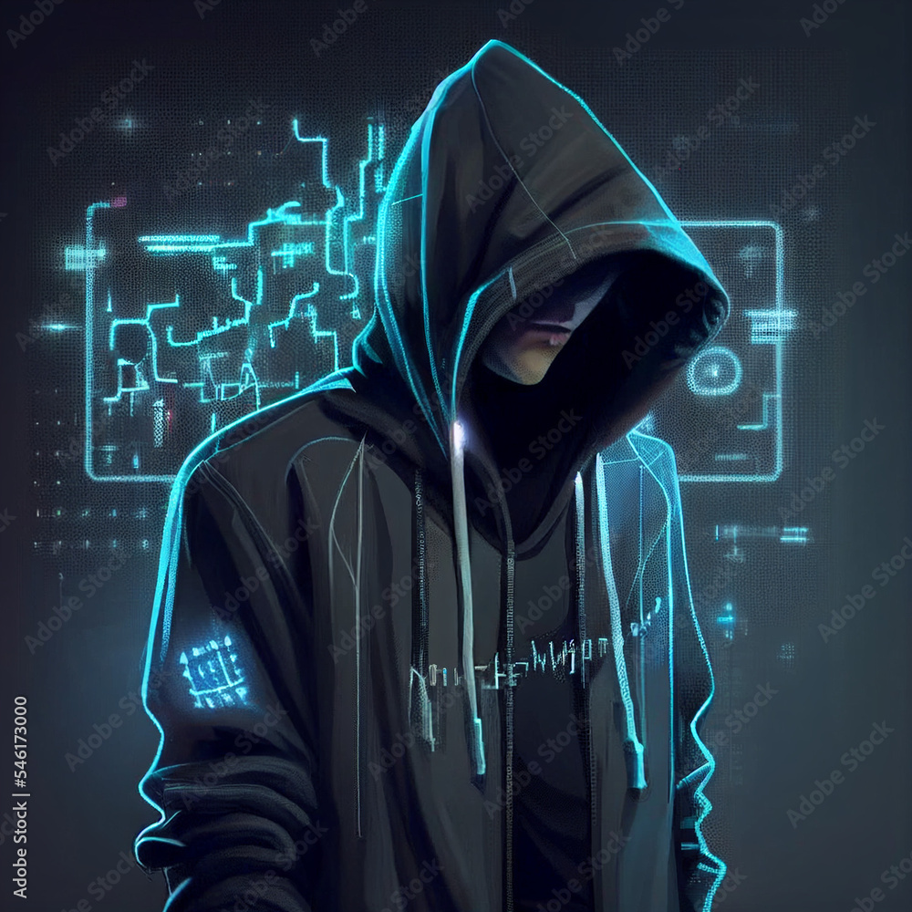 A hacker wearing a black hoodie with neon led matrix code computer ...
