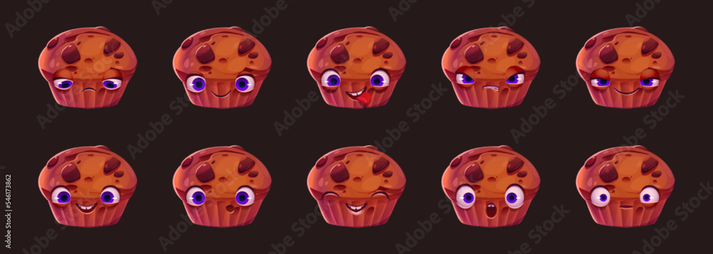 Emoji set with cute cake character. Funny cupcake with chocolate ...