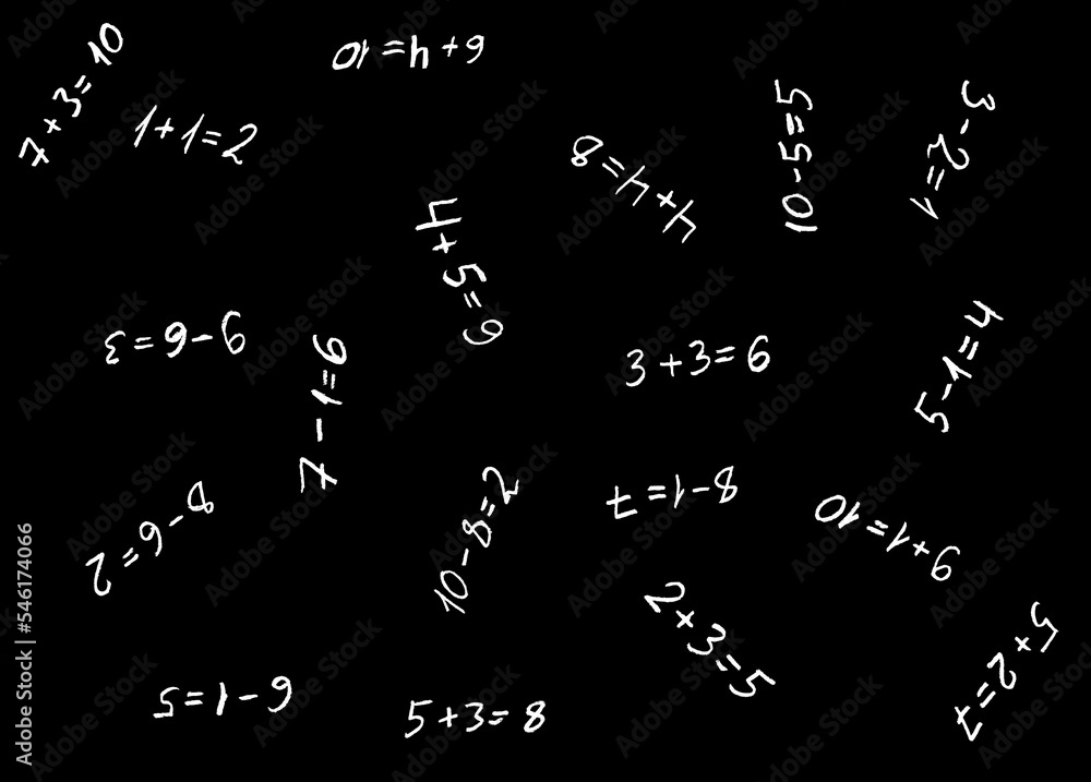 On a black background of white color examples of addition and ...