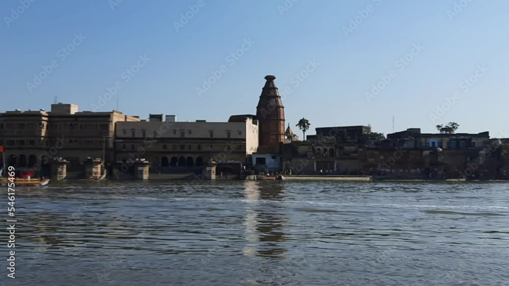 Yamuna River view from the boat in the day at Vrindavan, Krishna temple ...