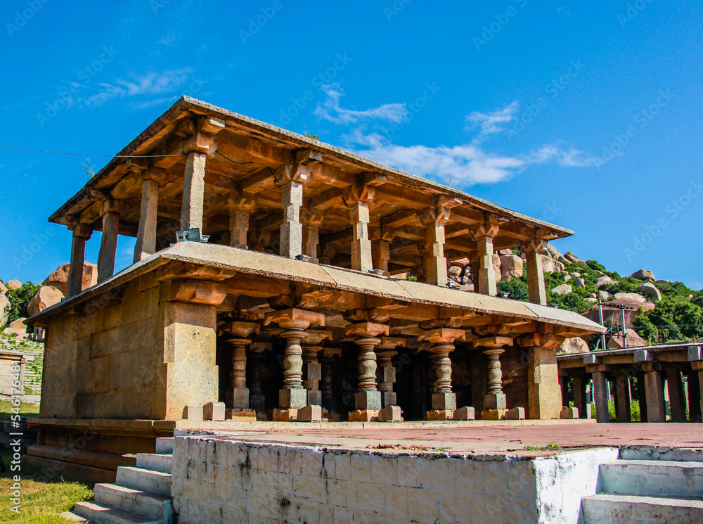 Two storey stone mantapa at in the Unesco World Heritage town Hampi in ...