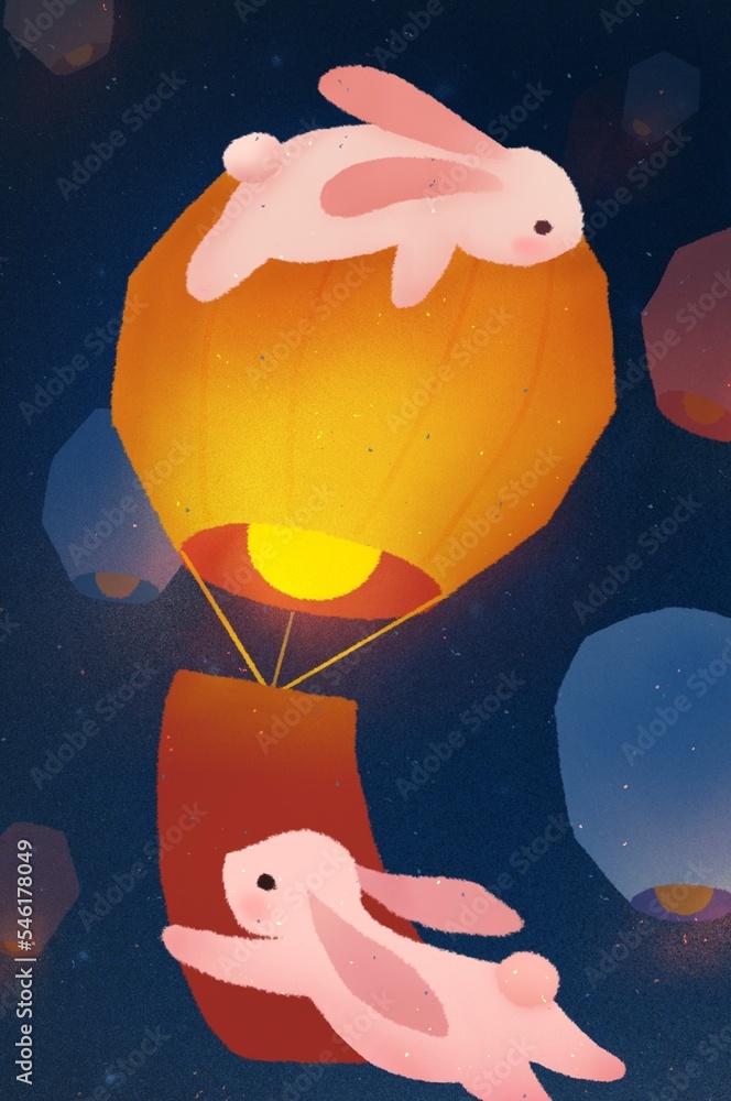 chinese Lantern Festival filled with wishing lanterns and rabbits in ...