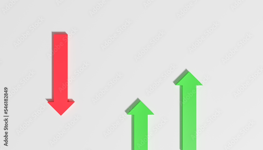 Abstract 3d-illustration of three arrows in green and red colour in ...