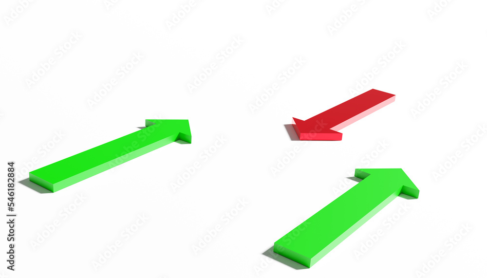Abstract 3d-illustration as a rednering of two green and one red arrow ...