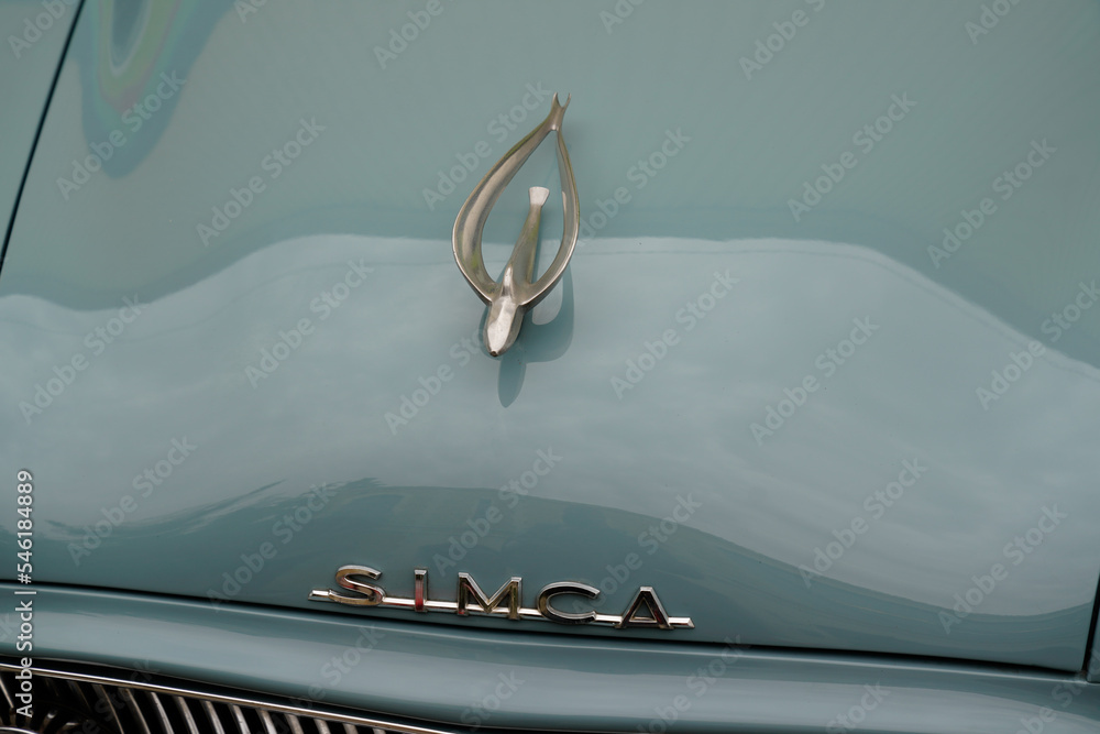 Simca aronde p60 logo text and brand sign of star car old timer vintage ...