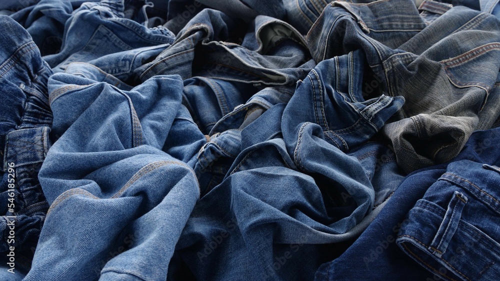 The Blue Jeans, Old denim clothing. Recycle Textile Waste. Fashion ...
