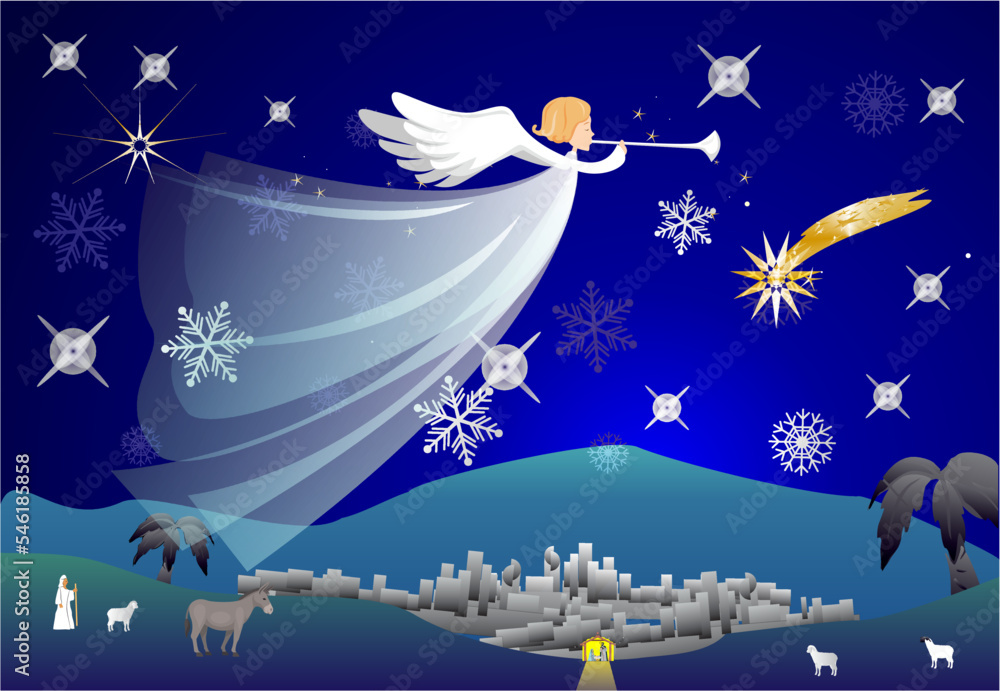 composition with an angel who flies and announces the birth of Christ ...