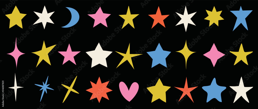 Hand drawn black star vector set on white background. Different shape ...