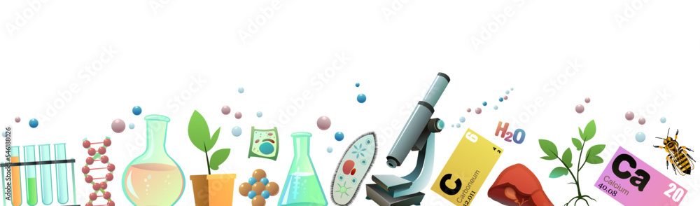 Chemistry. Seamless bottom border. Cartoon style. Science items picture ...